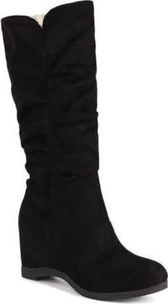 Generic Bottes à bout rond et talon compensé pour femme - Tendance - Plissées - Large mollet - Chaussures souples à enfiler, Noir, 39.5 EU