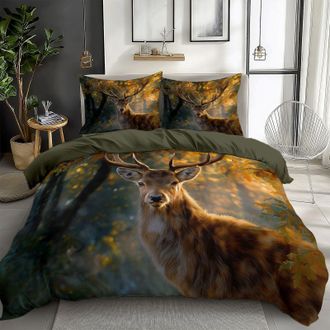 Generic Bettw&auml;sche 155 x 220 cm Dunkelgr&uuml;n, Bettbezug Fantasie Wald Tiere Elch Muster Reversibel Atmungsaktiv Microfaser Kind Bettwaren-Set mit Rei&szlig;verschluss