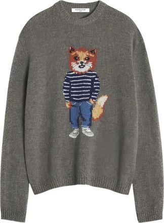 Maison Kitsuné Homme, Pulls, Gris, Taille: L Pull Brodé Renard Dressed Fox
