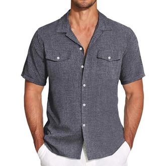 Generic Chemise &agrave; manches courtes en lin pour homme - S&eacute;chage rapide - Coupe droite - Col en V - Avec poche de poitrine - En mousseline, Marine, 3XL