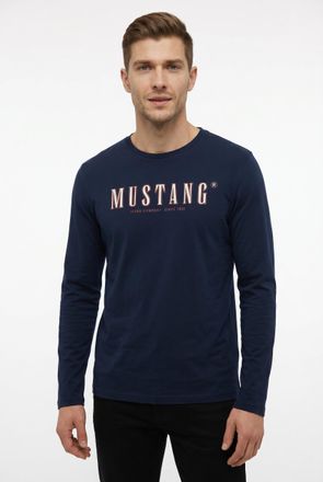 Mustang Langarmshirt MUSTANG Style Adrian, Herren, Gr. XXL, blau (schwarz saphire), Jersey, Obermaterial: 100% Baumwolle, bedruckt, regular fit normal, Rundha