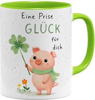 OM3 Eine Prise Gl&uuml;ck Kaffee-Tasse mit Spruch - Liebevolle Spruchtasse mit Schweinchen Schwein - Keramik Becher - 325ml - Beidseitig Bedruckt - Hellgr&uuml;n