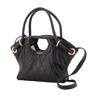 Balmain Womens Quilted Lambskin Top Handle Bag Black