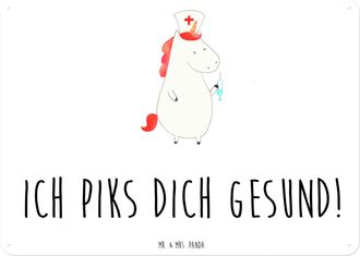 Mr. & Mrs. Panda Lustiges Blechschild Einhorn Krankenschwester DIN A6 - Geschenk, Wandschild Metall, Krankenhaus, Dekoschild, Groß, Krankenpfleger, Türschild, Ärztin, 