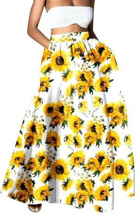 Generic Jupes pour femmes, jupe &agrave; imprim&eacute; floral, taille haute, poche de plage, jupe longue 2026, jupe trap&egrave;ze pour femme, grande taille, jupe trap&egrave;ze, jaune,