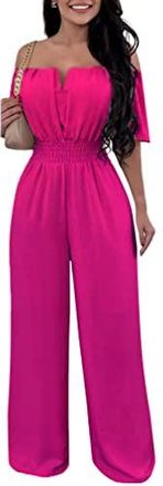 Minetom Combinaison Jumpsuit Femme Elégante Épaules Dénudées Manche Courte Overalls Cocktail Soirée Fête Rompers A1 Rose Vif XL