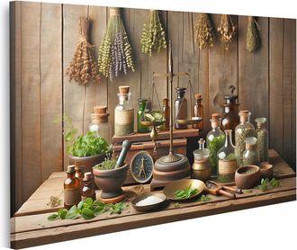 Islandburner Bild auf Leinwand Kraeuter Apotheke und Naturprodukte auf Holztablett Bilder Wandbilder Poster
