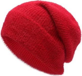 ZLYC Bonnet dhiver en tricot côtelé pour femme, Rouge uni, Taille unique