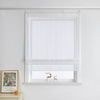 Joyswahl Raffrollo weiß gestreift Muster Raffgardine mit Klettschiene Transparent Fenster Vorhänge ohne Bohren Lichtdurchscheindend HxB 140x120cm 1 Stück Packu