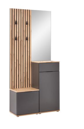 Möbelando Kompaktgarderobe >Simple< Bank 44x45x35cm, Paneel 44x150x2cm, Schuhkommode 44x95x35cm, Spiegel 44x100x2cm, Anthrazit/Eiche Artisan Dekor, 2 Türen, 3 B
