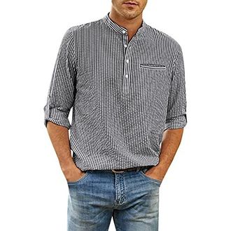 Generic Chemise en lin blanc pour homme - Chemise boutonn&eacute;e en lin pour gar&ccedil;on - Chemise fine blanche &agrave; manches longues - Coupe ajust&eacute;e - Col en V - T-shirt d