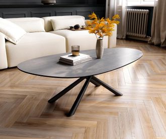 DELIFE Couchtisch Edge Oval 140x75 cm Keramik Beton Grau Sarity Metall Schwarz, Couchtische