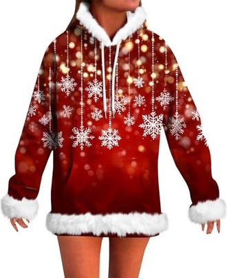 Generic Sweat à capuche en fausse fourrure avec imprimé sapin de Noël pour femme, flocon de neige, coupe ample festive, avec poche, pull dhiver décontracté, t