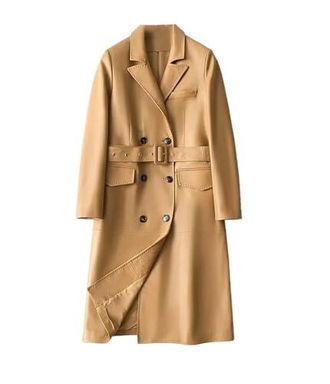Generic Trench en cuir v&eacute;ritable pour femme - Ceinture &agrave; lacets d&eacute;contract&eacute;e classique &agrave; double boutonnage en peau de mouton, kaki, XL