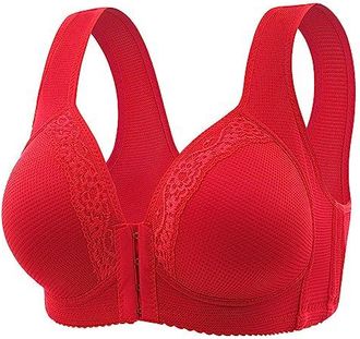 Generic Soutien-gorge 2026 pour femme - Confortable et sexy - Bouton avant avec dentelle - Sans bordure en acier - R&eacute;traction de la poitrine respirante, Rouge