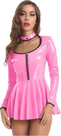 TiaoBug Damen Wetlook Lack Leder Kleid Langarm Stehkragen Minikleider mit Aush&ouml;hl Ausschnitt Rei&szlig;verschluss Slim Fit Bodycon Body mit Faltenrock Rosa XL