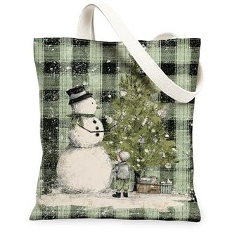 Generic Sacs fourre-tout en toile motif bonhomme de neige dhiver, sacs d&eacute;picerie r&eacute;utilisables, l&eacute;gers et lavables avec bandouli&egrave;re, Vert, 13x15 Inch