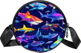 Generic Sac &agrave; bandouli&egrave;re rond rond pour femme, motif requin color&eacute;, avec fermeture &eacute;clair, bretelles r&eacute;glables, style d&eacute;contract&eacute;