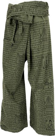 Guru Shop Thai Fischerhose mit Mantra Druck aus Gewebter Baumwolle, Wickelhose, Yogahose - Olivgr&uuml;n, Herren/Damen