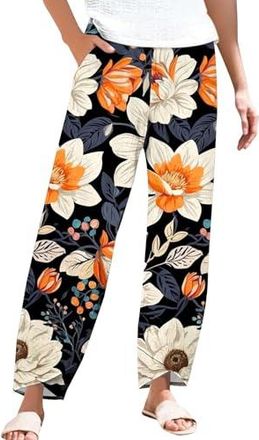 Generic Pantalon Fluide Femme en Lin Large Elegant Pantalon en Lin Ray&eacute; pour Femme D&Eacute;t&eacute; D&eacute;contract&eacute; &Agrave; Jambes Larges avec Poches Court et Leger Vetement Ete L&eacute;