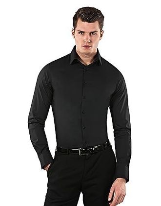 Vincenzo Boretti Chemise Homme, Coupe particuli&egrave;rement cintr&eacute;e Body-fit, Tissu &eacute;lastique-d&eacute;froissable, m&eacute;lange de Coton, Manches-Longues, col Kent, Unie - Facile &agrave; Rep