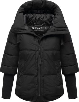Navahoo moderne Damen Winterjacke warme Steppjacke mit Kapuze und Rippstrick&auml;rmeln Lotusherz XIV Black Gr. S
