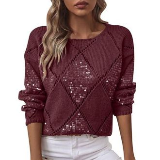 Generic Pull en crochet &agrave; col rond et manches longues pour femme Motif losanges, bordeaux, XXL