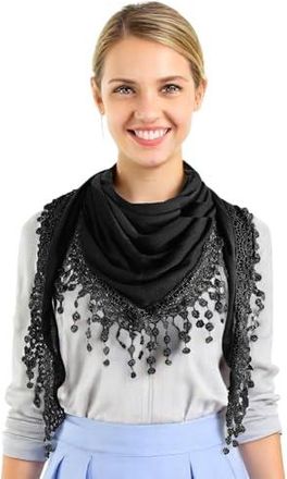 GFM Écharpe triangle unie en jersey avec dentelle et pompons - Noir - (TRI-PLN-KL)