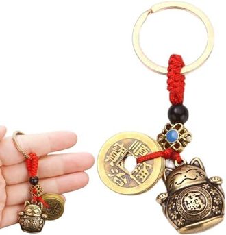 Generic Porte-cl&eacute;s chat porte-bonheur japonais avec pi&egrave;ces Feng Shui, chats porte-bonheur Maneki Neko en laiton, 1 pi&egrave;ce., taille unique