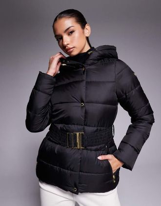 Barbour Doudoune ceinturée à capuche léopard - Noir