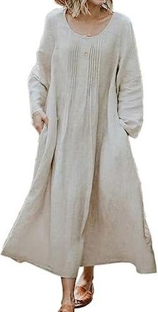 Onsoyours Femme Robe Longues en Coton et Lin Décontractée Robe col Rond à Manches Longues Maxi Robe Casual Loisirs Robe Boho Couleur Unie avec Poches et Boutons