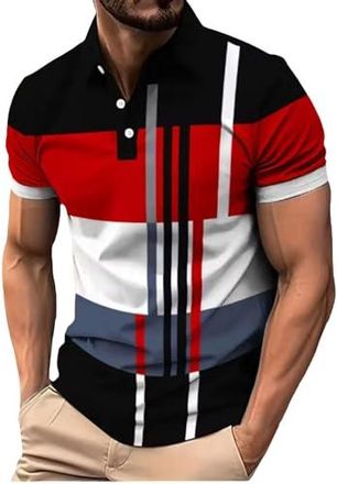 Generic Polo de couleur contrast&eacute;e pour homme &agrave; manches courtes avec boutons - Pull d&eacute;contract&eacute; &agrave; col &agrave; revers - Chemise surdimensionn&eacute;e et confortable - V&ecirc;te