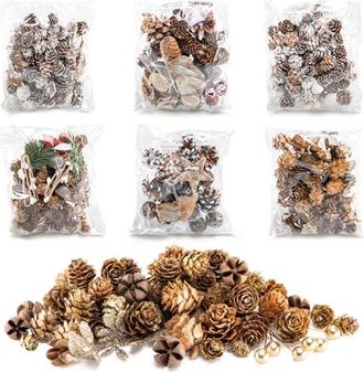 Com-Four 6X d&eacute;corations de No&euml;l dans Un Sachet avec c&ocirc;nes, brindilles et Baies - D&eacute;corations de No&euml;l - Kit de Bricolage - D&eacute;coration de Table (6 sachets : c&ocirc;ne