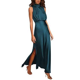 FNKDOR Robe de Soir&eacute;e Femme Couleur Unie Robe Longue en Satin Maxi Robes sans Manche Col Montant Chic et &Eacute;l&eacute;gante Fente Lat&eacute;rale Robes de Cocktail F&ecirc;te Bal M