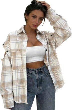 Generic DUHENWU Chemise &agrave; carreaux &agrave; manches longues pour femme - Chemise de loisirs boutonn&eacute;e - Coupe droite - D&eacute;contract&eacute;e - Col en V - Chemise daffaires - 