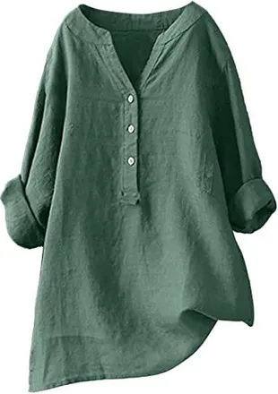 ORANDESIGNE Femmes Blouses Coton Lin Col en V Chemise Chic Simple Haut Manche Longue Tops Tunique Chemise Robes I Vert 4XL