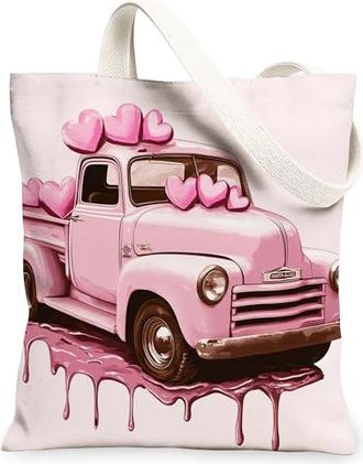 Generic Sacs fourre-tout en toile avec imprim&eacute; coeur, motif camion p&ecirc;che vintage, sacs d&eacute;picerie r&eacute;utilisables, sacs d&eacute;picerie pour la Saint-Valentin, toile l