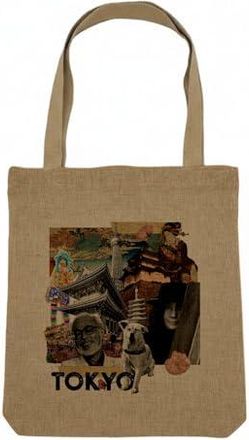 Fabulous Sac Shopping Tote Bag Aspect Lin - Tokyo Vintage Collage Japon Voyage Culture - Sac de Courses Toile Epaisse 360g Beige Naturel Cabas Port&eacute; Epaule Sol