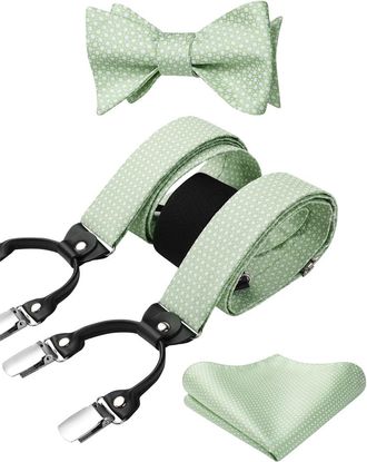 Hisdern Salbeigr&uuml;n Hosentr&auml;ger f&uuml;r Herren Paisley Y Form mit 6 starken Clips L&auml;ngenverstellbar Herren Hosentr&auml;ger und Fliege mit Einsteckuch