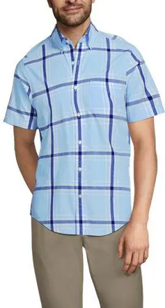 Lands End Gemustertes Popelin-Kurzarmhemd, Classic Fit, Herren, Größe:48-50 regular, Blau, Baumwolle, by Lands End