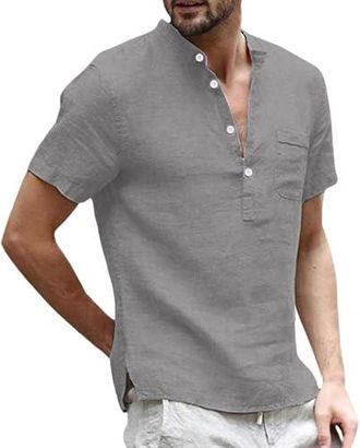 Generic Chemise d&eacute;t&eacute; boutonn&eacute;e en lin pour homme - Chemise d&eacute;t&eacute; en coton et lin - Chemise de plage l&eacute;g&egrave;re - &Eacute;l&eacute;gante chemise de vacances - Chemise &agrave; manches l