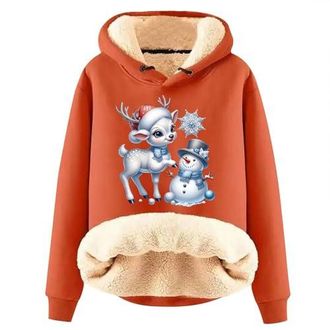 Generic 2026 Printemps Mode No&euml;l Bonhomme de Neige Et Cerf Imprim&eacute; Femmes Automne Hiver Velours &Eacute;pais Chaud Cardigan Sweat &agrave; Capuche, Orange, 4XL