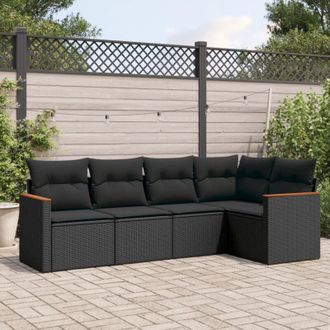 vidaXL 5-tlg. Garten-Sofagarnitur mit Kissen Schwarz Poly Rattan - Vidaxl