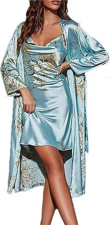 Onsoyours Nuisette Femme Sexy Satin Chemise de Nuit 2 Pièces Peignoir Nuisette Floral Robes de Chambre Soie Long Kimono Nuit A Bleu Clair L