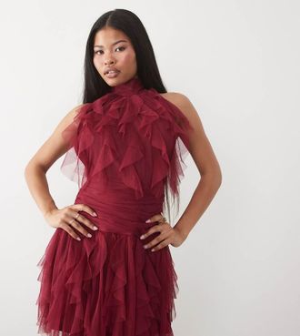 Lace & Beads Petite robe courte en tulle &agrave; volants, dos nu et ourlet asym&eacute;trique, rose fonc&eacute;