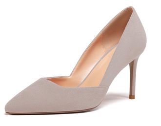EDEFS Damen Spitze Zehen Pumps 8.5CM Hoch Stiletto Schuhe Modische Dorsay Schuhe Wildleder Beige Gr&ouml;&szlig;e EU38