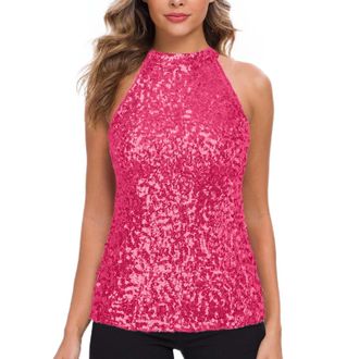 Generic Neckholder-Top mit Pailletten Damen Pailletten Tanktop &Auml;rmellos Glitzertop Party Oberteil Perlen Weste Sparkly Tops Glitzernde Oberteile Halfter Tankt