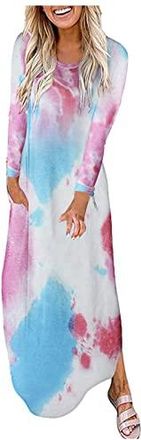 Generic Robe boh&egrave;me 2026 pour femme - Imprim&eacute; boh&egrave;me - Fente &agrave; manches longues - Poche - Maxi d&eacute;contract&eacute;e, bleu, XL