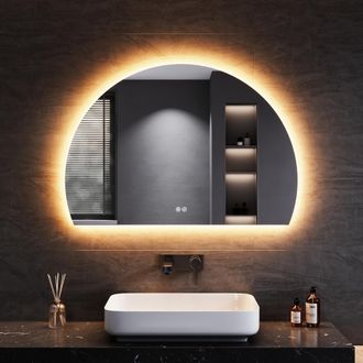 Sonni Badspiegel mit Beleuchtung Halbrund 80x60 cm, LED Spiegel mit Touch-Schalter und Dimmbar, Beschlagfrei, 3 einstellbare Lichtfarben, Badezimmerspiegel 