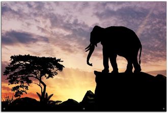 Wallario Outdoor-Poster f&uuml;r Garten oder Balkon Elefant vor Abendhimmel, Motivbanner Gr&ouml;&szlig;e: ca. 60 x 90 cm, Outdoor-Bild